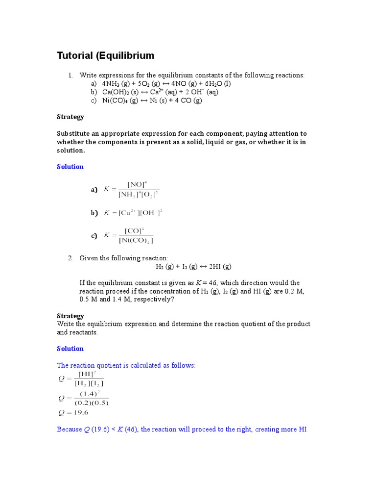 Tutorial (Equlibrium) Answers | PDF | Chemical Equilibrium | Acid