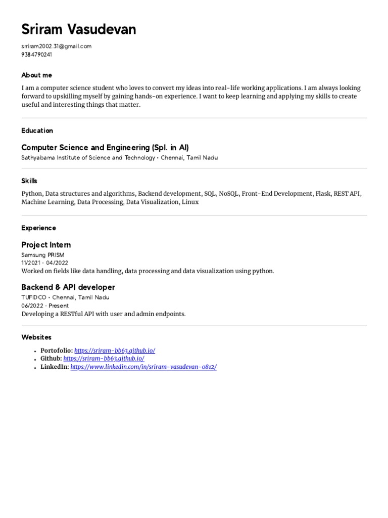 Sriram Vasudevan Resume | PDF