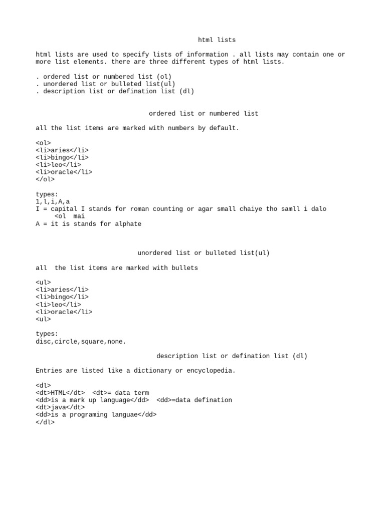 Html List Or Type Of Html Table Pdf