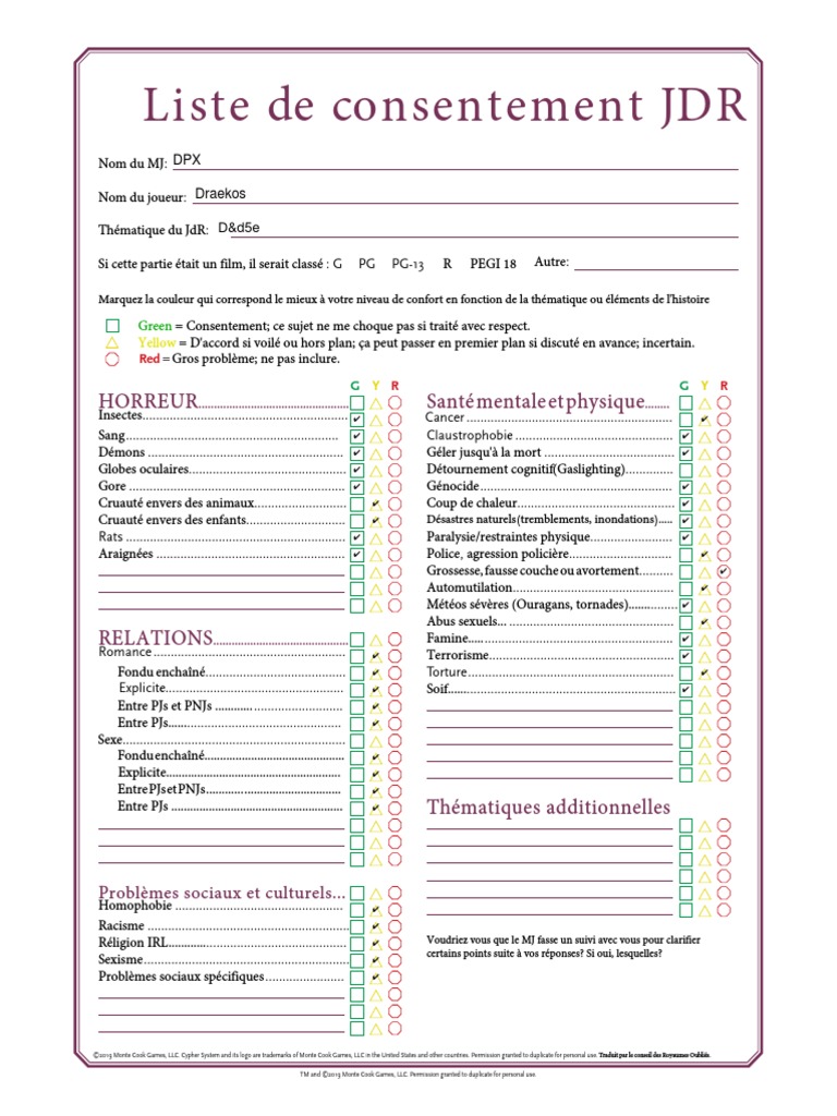 RPG Consent - in - Gaming-Form - Fillable - Checklist | PDF | Causes de ...
