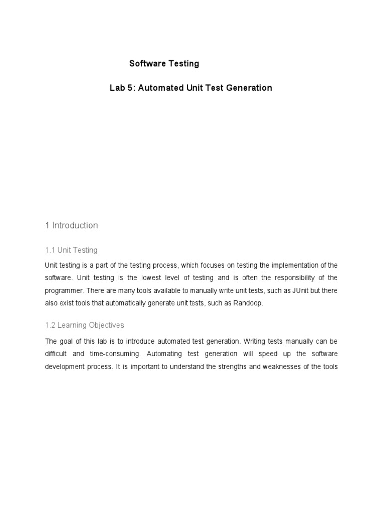Software Testing Lab 5: Automated Unit Test Generation | PDF