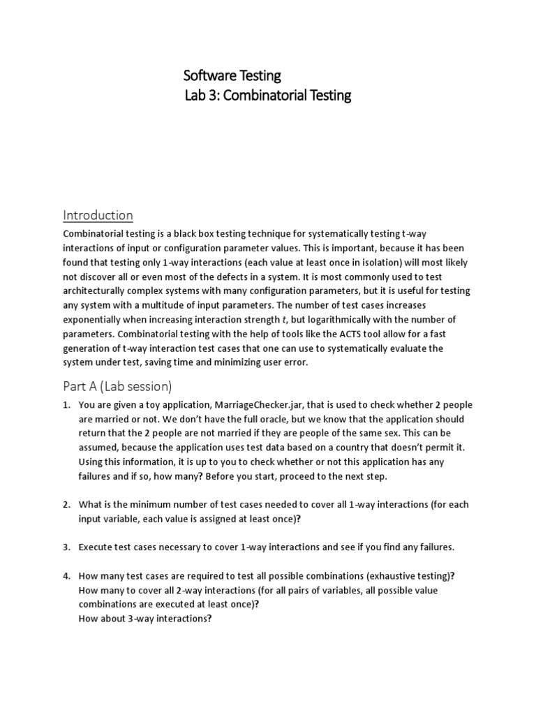 Software Testing Lab 3: Combinatorial Testing | PDF | Comma Separated ...