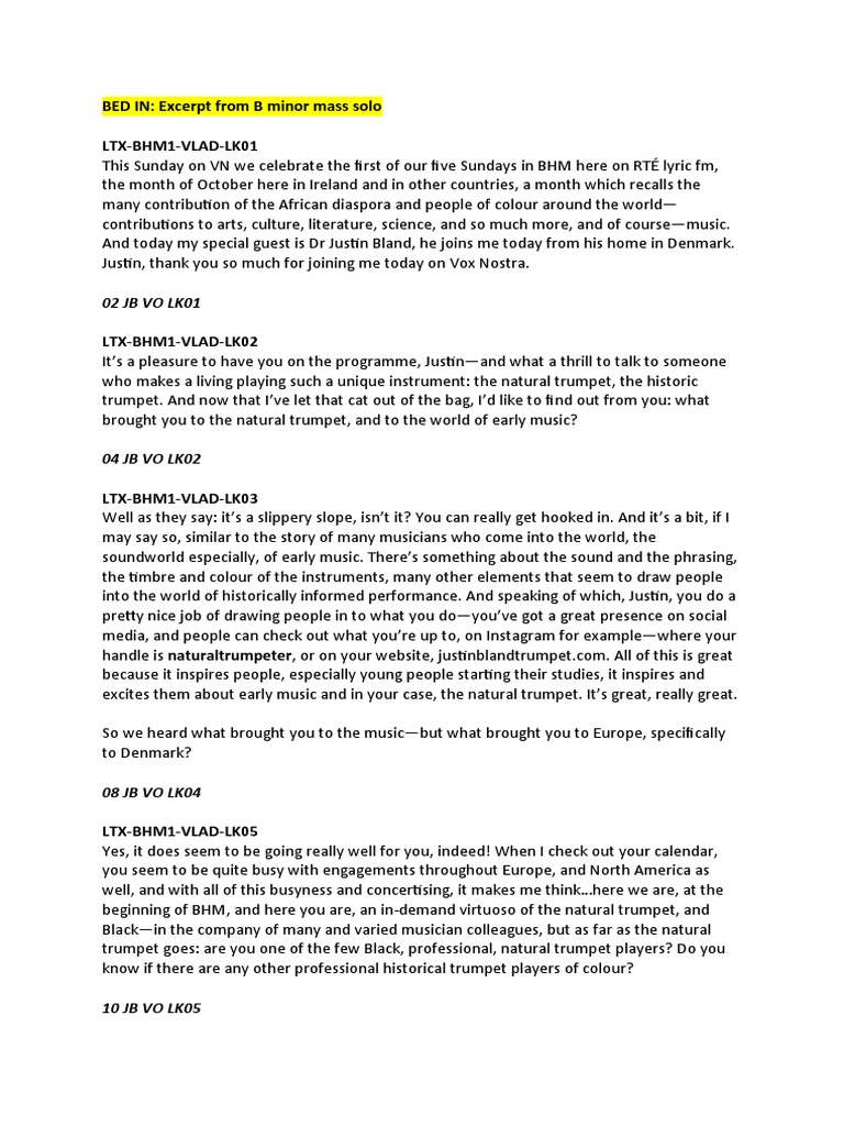 Justin Bland Interview Script | PDF | Classical Music