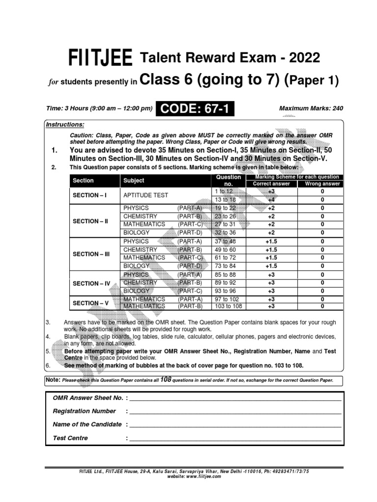 Sample Paper Fiitjee | PDF | Area | Filtration
