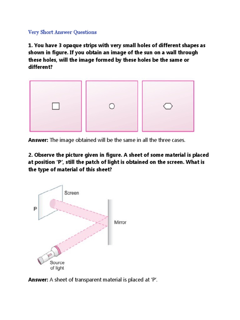 Light Shadows and Reflections Related Questions (CH 11) | PDF | Shadow ...