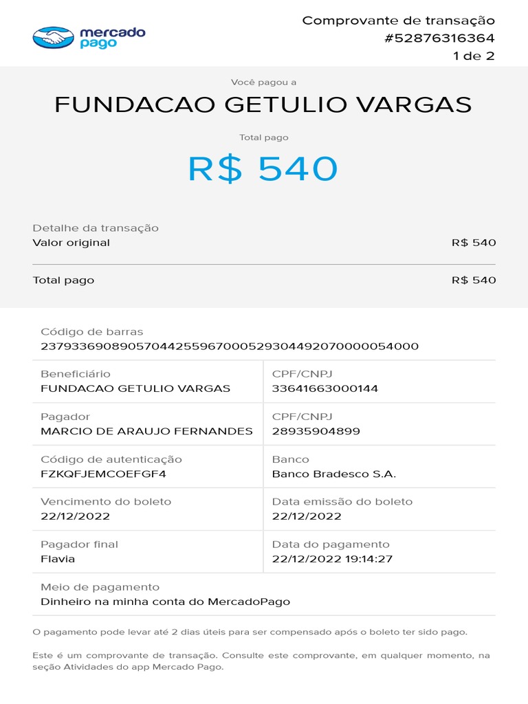 Comprovante de pagamento de boleto bancário da Fundação Getúlio Vargas ...
