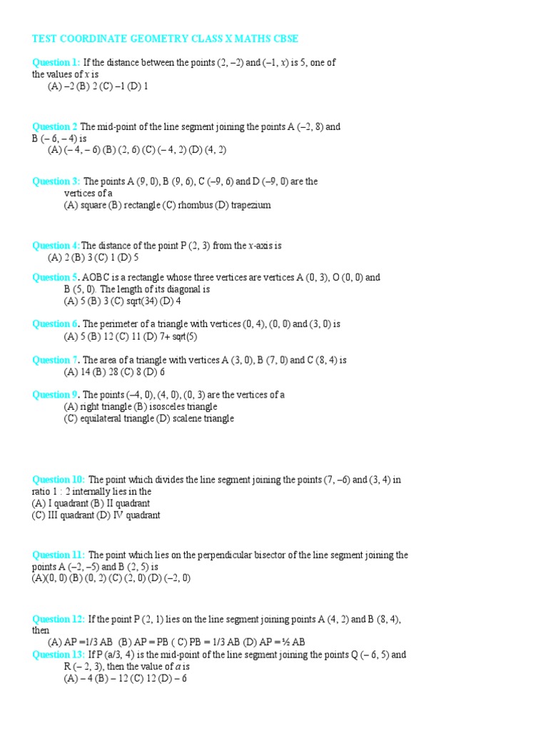 Cbse Coordinate Geometry Test Pdf Triangle Euclidean Geometry