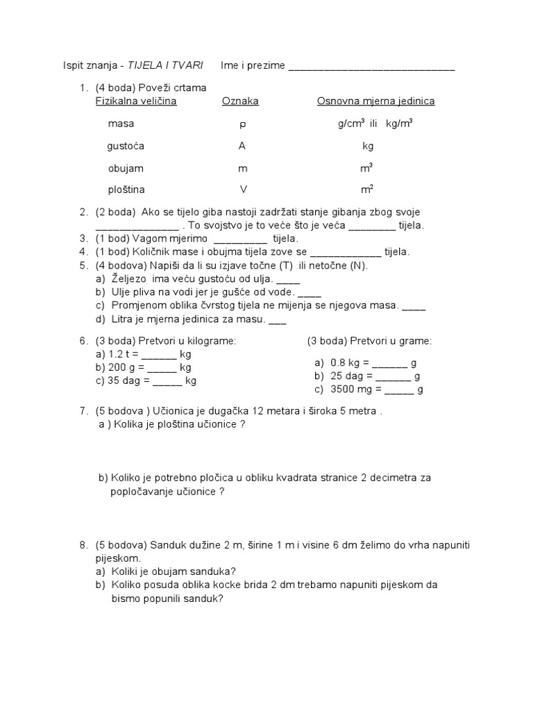 Tijela I Tvari-Ispit 2020 | PDF