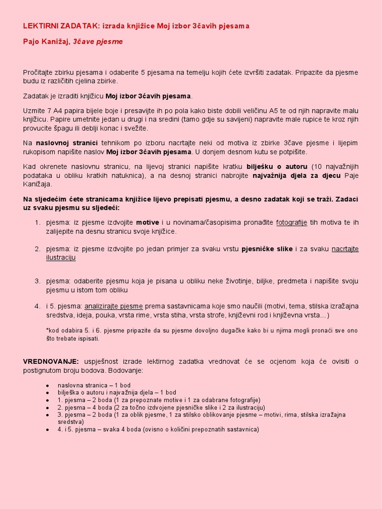 Lektirni Zadaci, 3cave Pjesme | PDF