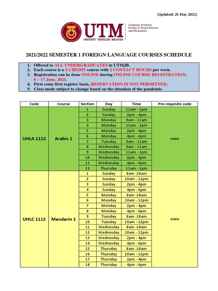 Foreign Language Courses Schedule 20212022 Semester 1 | PDF | Academic Term
