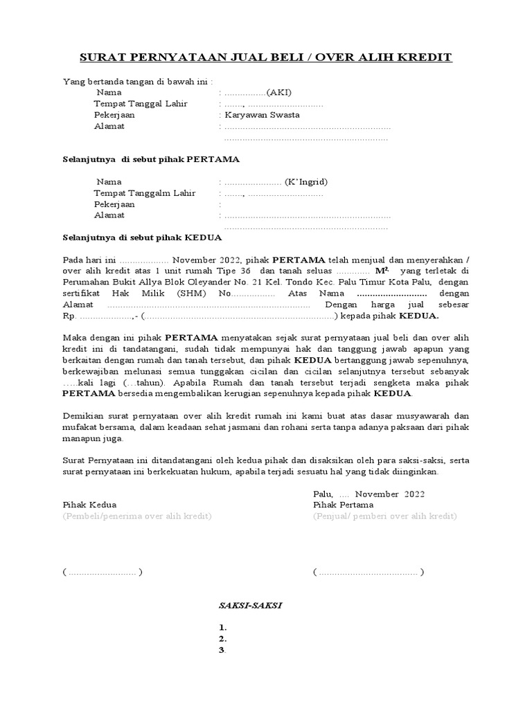 Surat Pernyataan Over Kredit Rumah | PDF