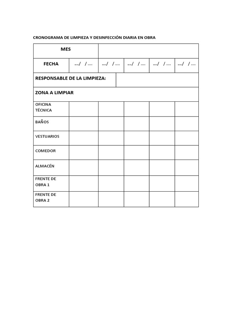 Formato para - Cronograma de Limpieza Diaria en Obra | PDF