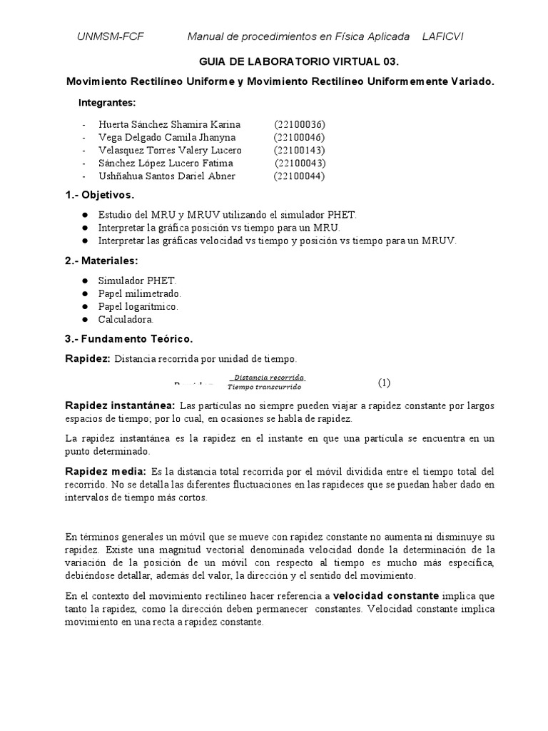 Guia Laboratorio 03 Mru Mruv - Grupo4 | PDF | Velocidad | Aceleración