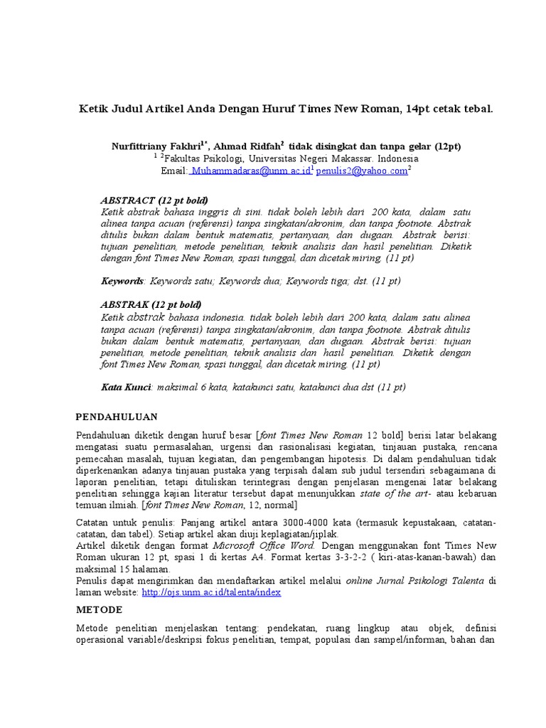 Ketik Judul Artikel Anda Dengan Huruf Times New Roman, 14pt Cetak Tebal ...