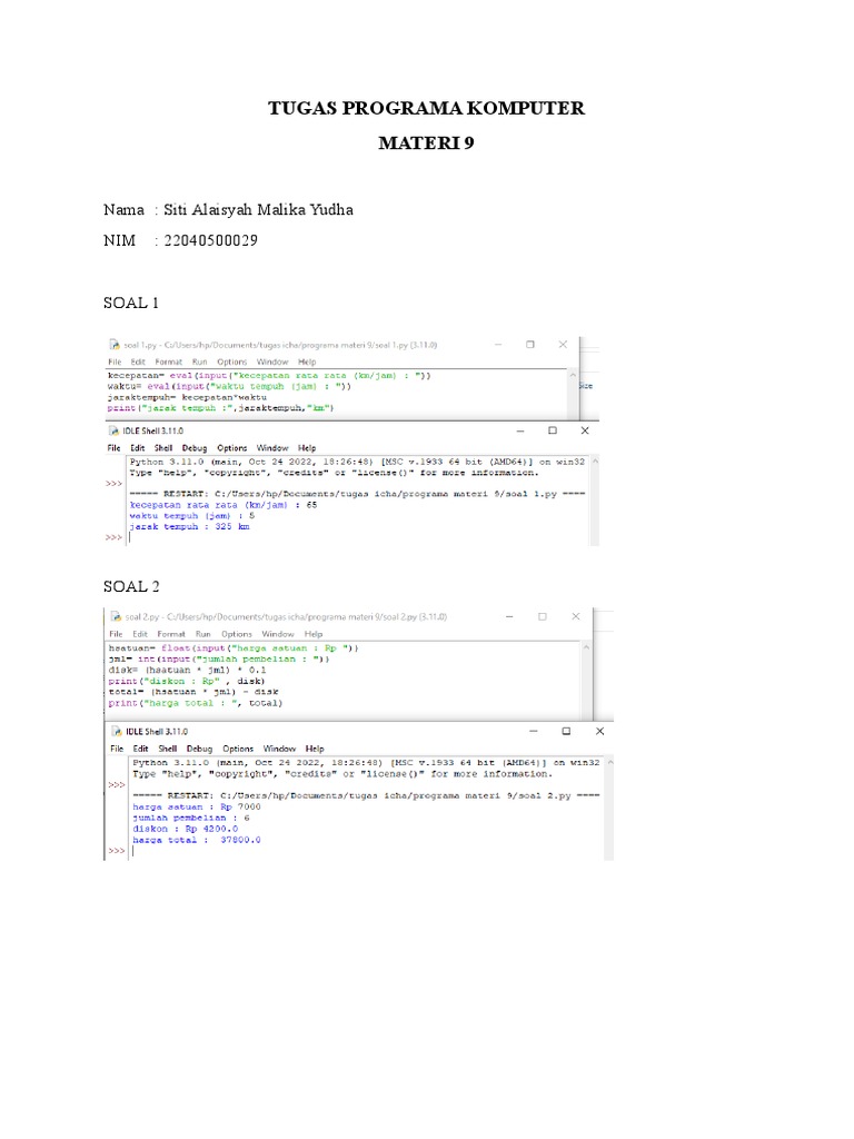 Tugas Programa Komputer Materi 9: Nama: Siti Alaisyah Malika Yudha NIM: 22040500029 | PDF