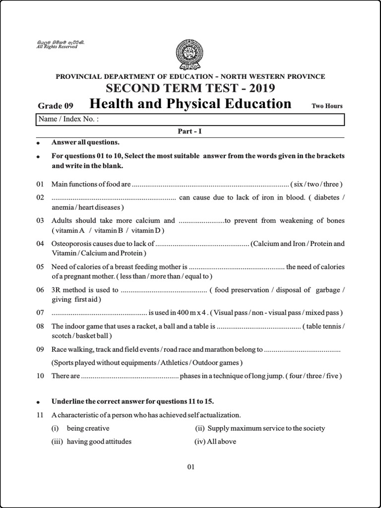 Grade 09 Health 2nd Term Test Paper 2019 English Medium - North Western ...