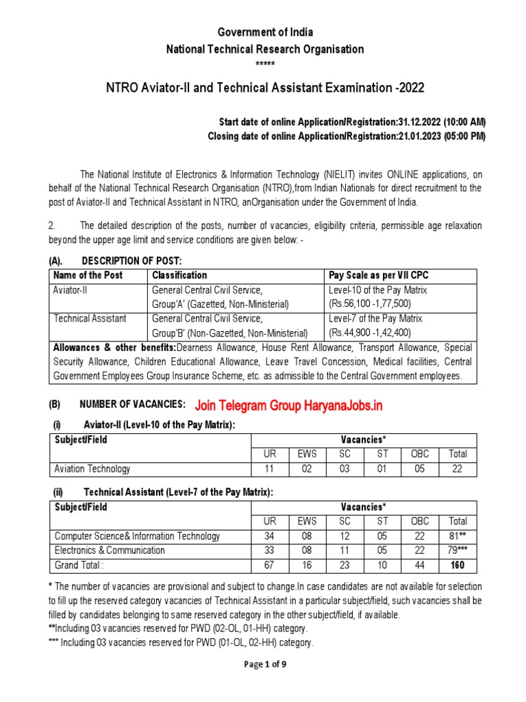 Notification NTRO Avaiator Technical Asst Posts | PDF | Engineering ...