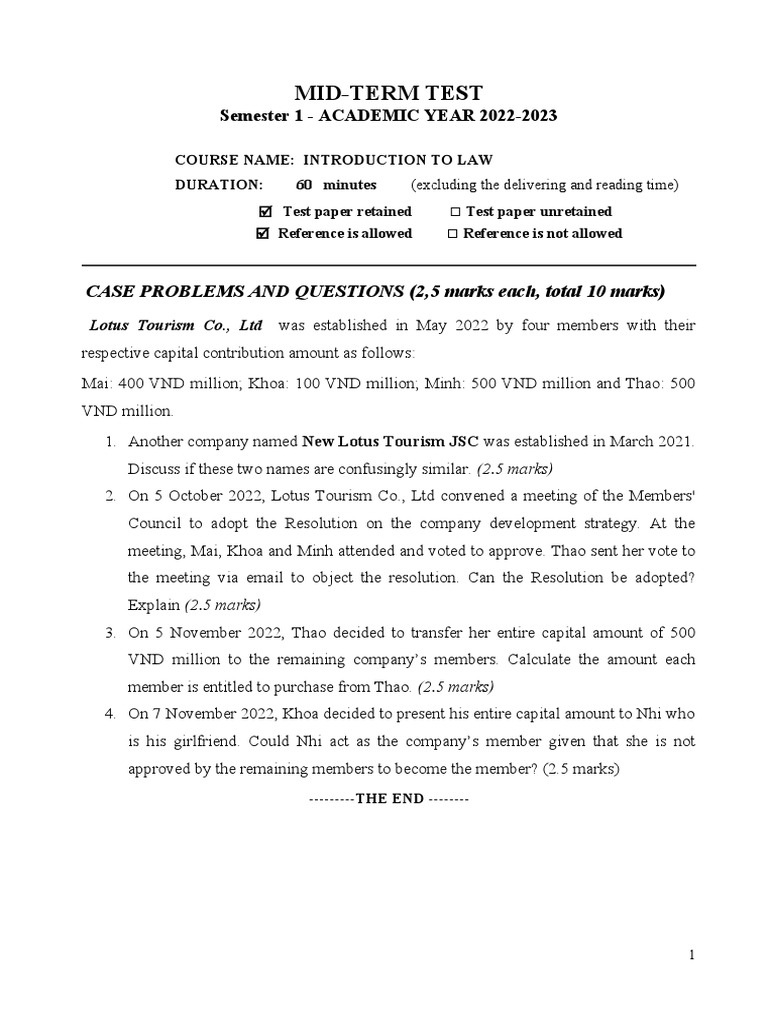 Mid-Term Test: Introduction to Law | PDF