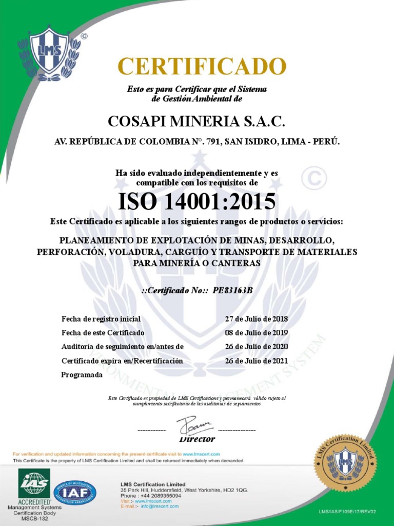 Iso 14001 2015 Español Cosapi Minería | PDF