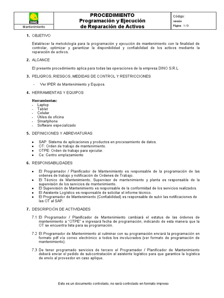 Procedimiento de Programación de Reparación de Activos | PDF ...