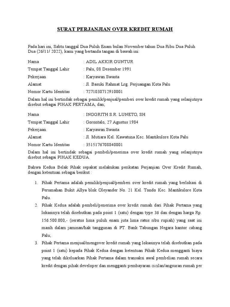 Surat Perjanjian Over Kredit Rumah | PDF