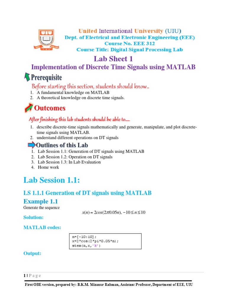 Expt 01 Dsp Lab Pdf Discrete Time And Continuous Time Complex Number