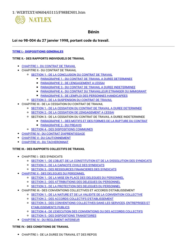 Bénin. Code Du Travail | PDF | Emploi | Relations entre employés