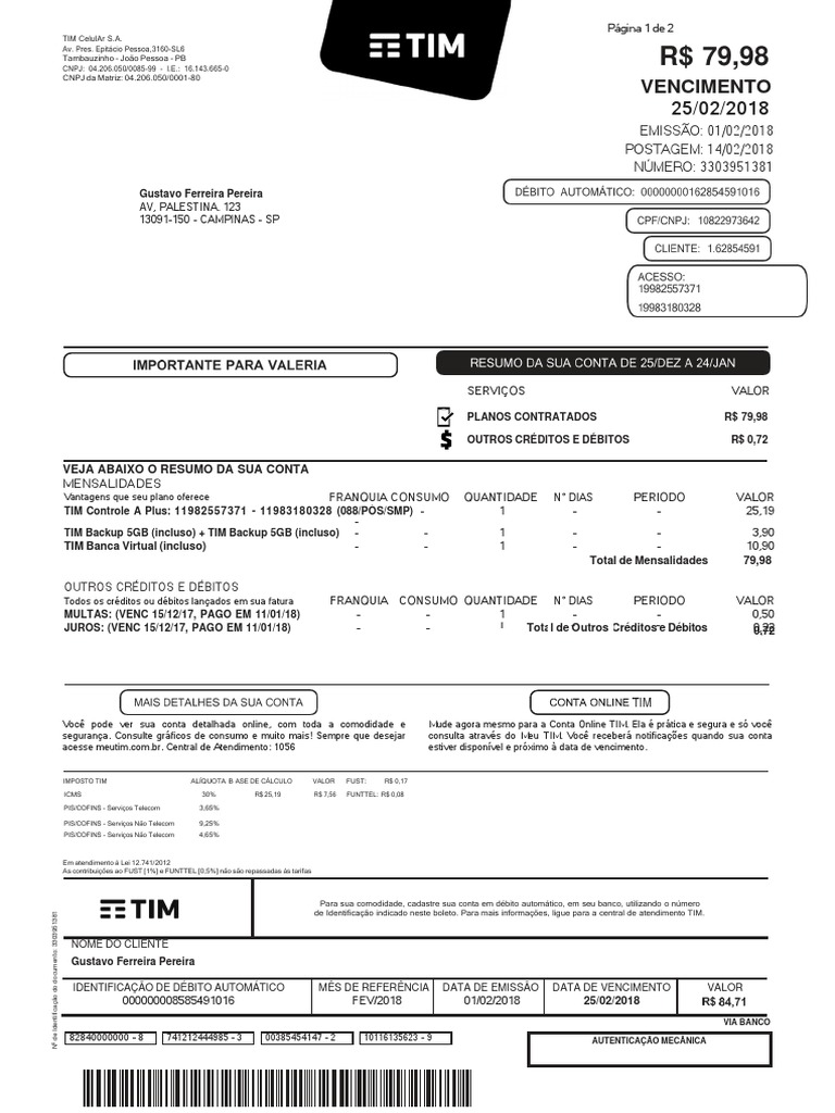 Resumo da conta de telefonia móvel com detalhamento dos serviços ...
