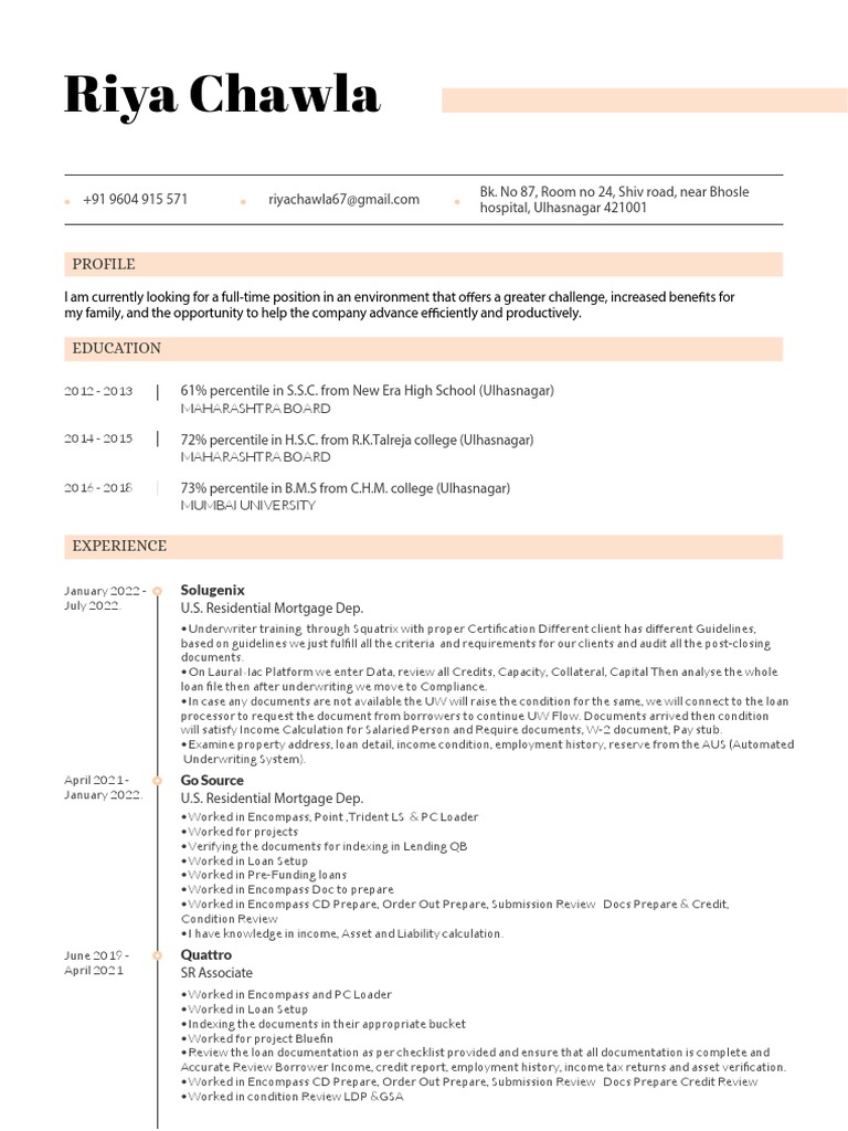 Riya Chawla's Accountant Resume | PDF | Loans | Mortgage Loan