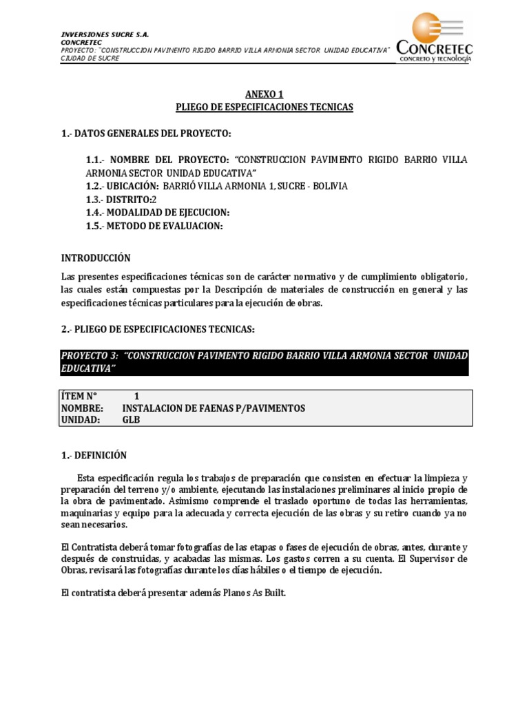 Pliego de Especificaciones Tecnicas | PDF | Hormigón | Cemento Pliego de Especificaciones Tecnicas | PDF | Hormigón | Cemento