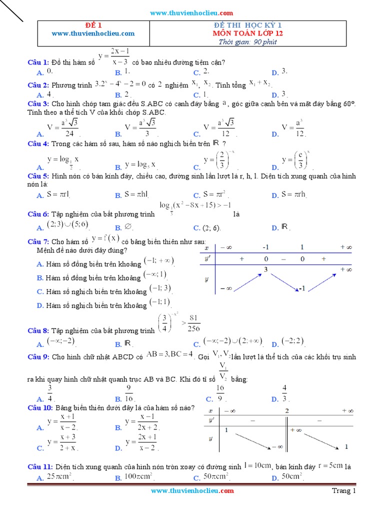 Bo de Thi HK1 Toan 12 Co Dap An | PDF