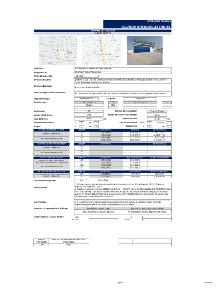 Tasación Local Canta Callao 2 | PDF | Valoración (Finanzas) | Dólar de los Estados Unidos