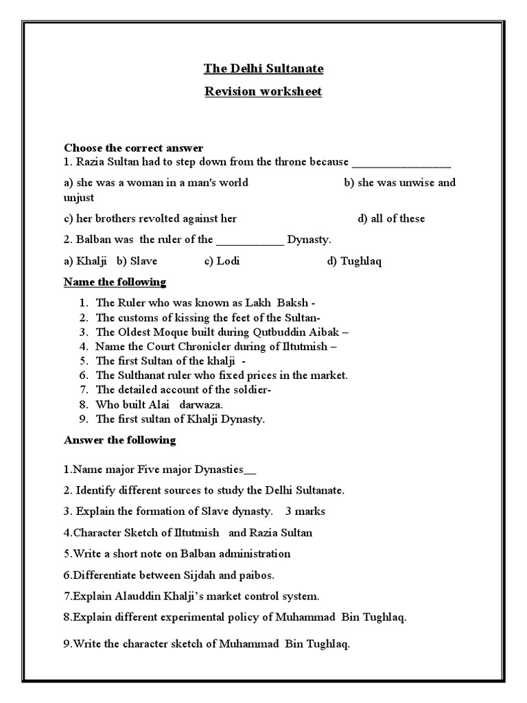 Delhi Sultanate-Revision Worksheet | PDF | History