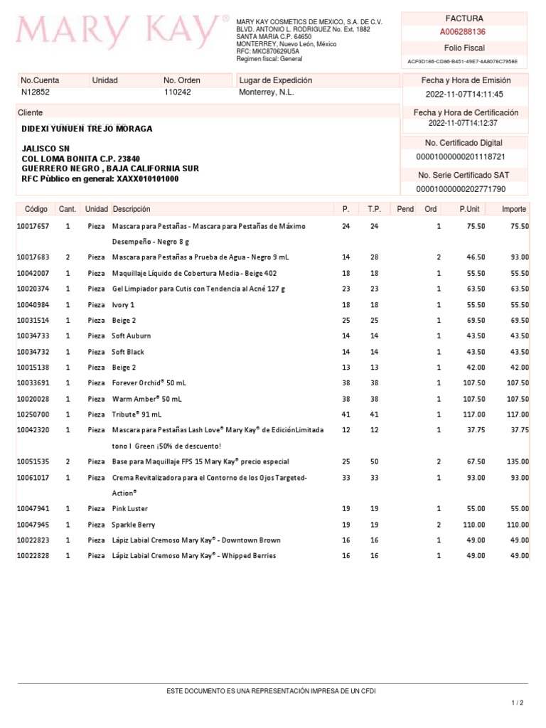 Factura Mary Kay | PDF | Artículos de tocador | Productos cosméticos