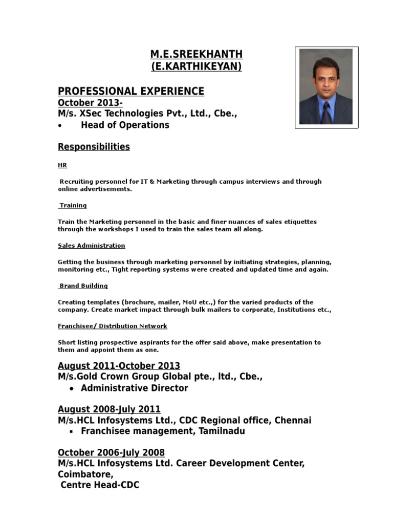 M.E.Sreekhanth (E.Karthikeyan) Professional Experience | Download Free PDF | Mass Media | Marketing