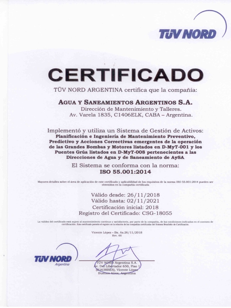 Certificado AySA ISO 55001 | PDF