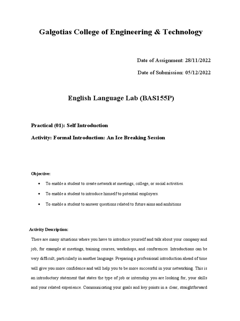 ELL - Practical 1 - Self Introduction | PDF | Motivational | Motivation