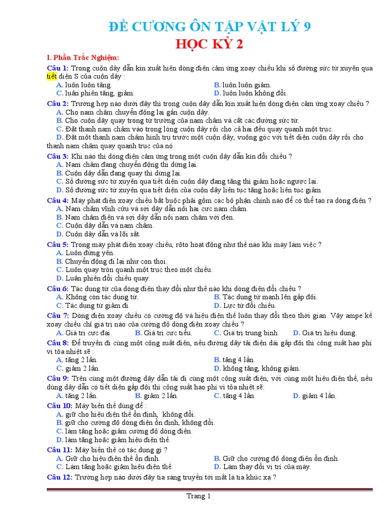 De Cuong On Tap Vat Ly 9 HK2 | PDF