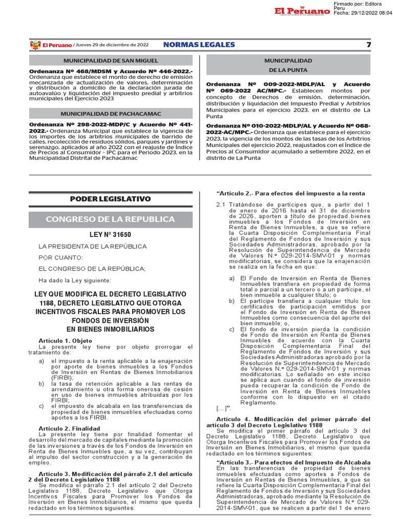 Congreso de La Republica: Normas Legales | PDF | Impuestos | Bienes raíces