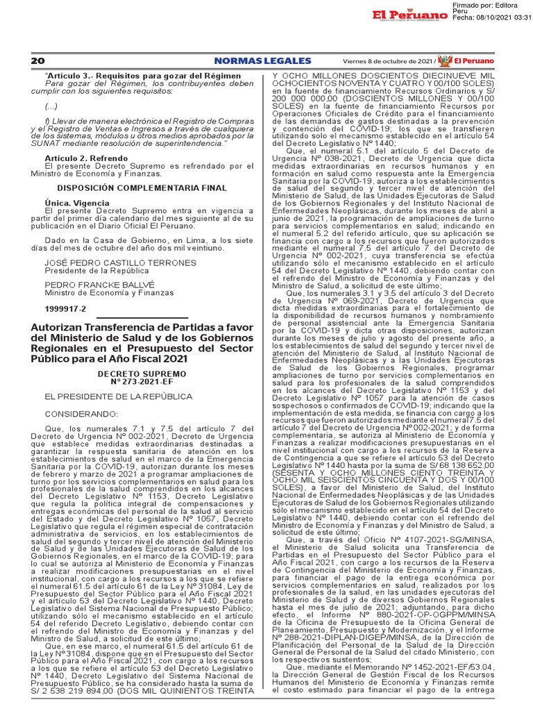 D.S. 273-2021 Autorizan Transferencia de Partidas Horas Complementarias | PDF | Presupuesto | Deuda