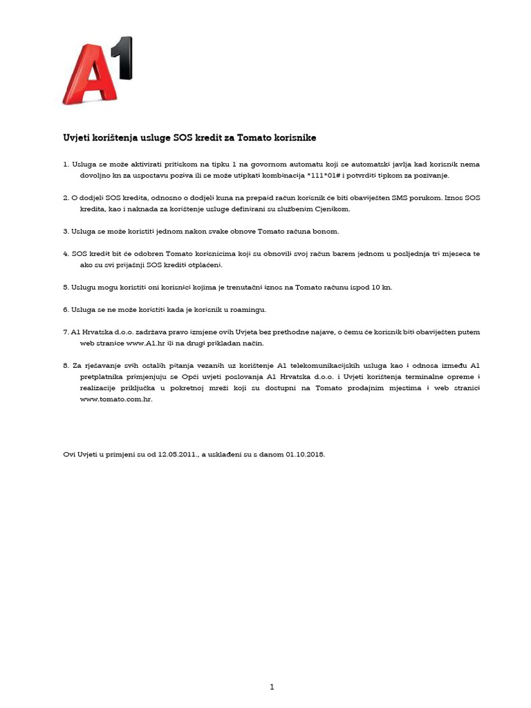Uvjeti Koristenja Usluge SOS Kredit Za Tomato Korisnike | PDF