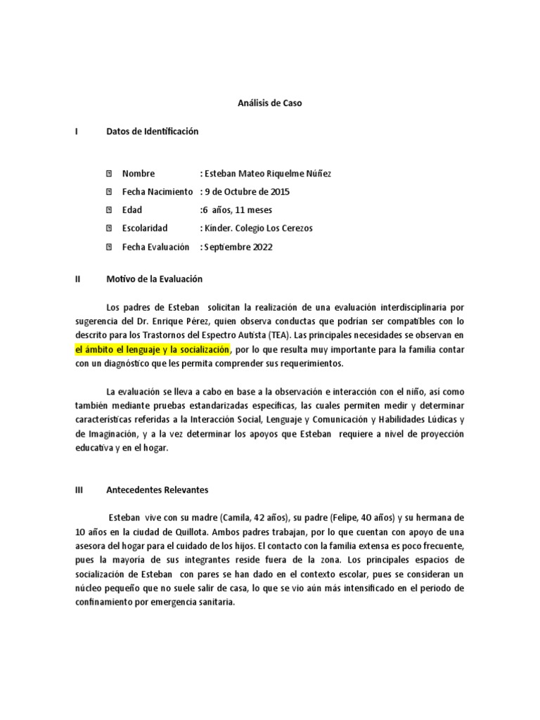 Evaluación de Esteban: TEA y Desarrollo | PDF | Educación de la primera ...