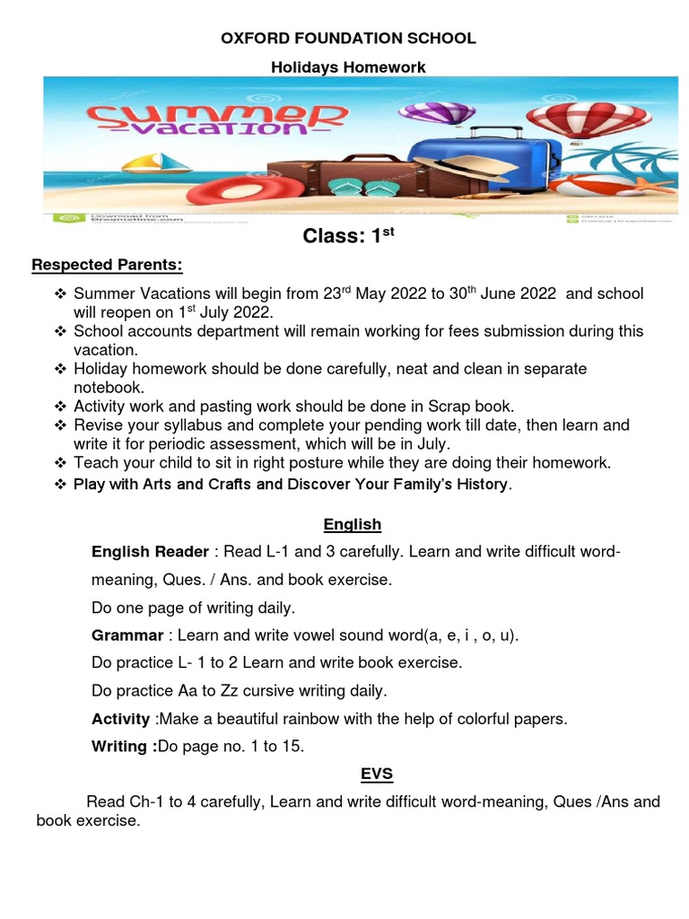 Holiday Homework Class 1 2022 | PDF | Books