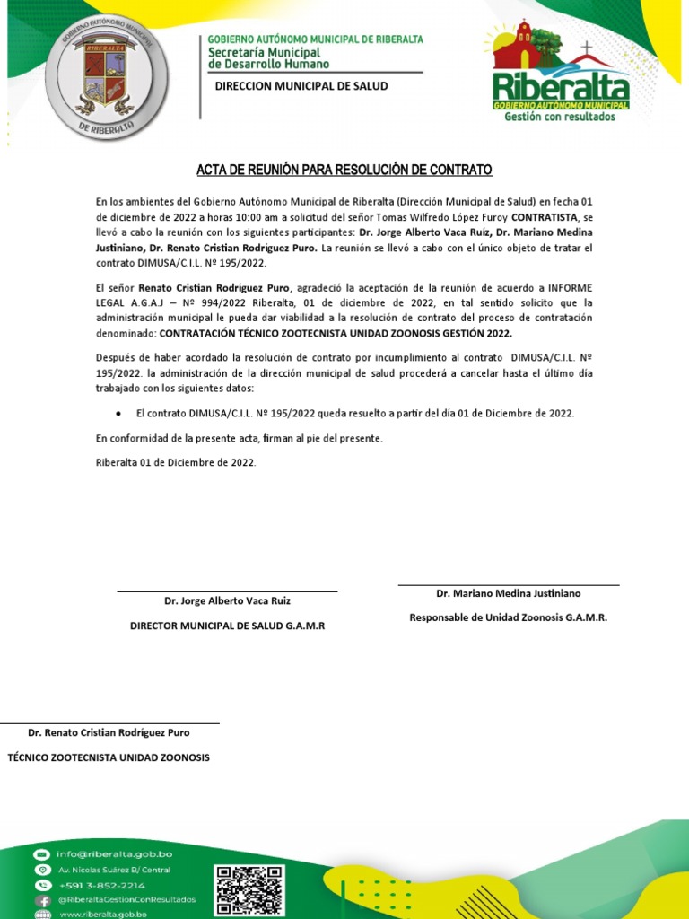 Acta Re Resolucion y Disolucion de Contrato | PDF | Finanzas y dinero