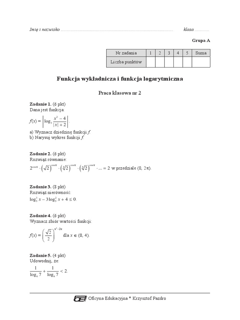 Funkcja Wykładnicza I Funkcja Logarytmiczna: Praca Klasowa NR 2 | PDF