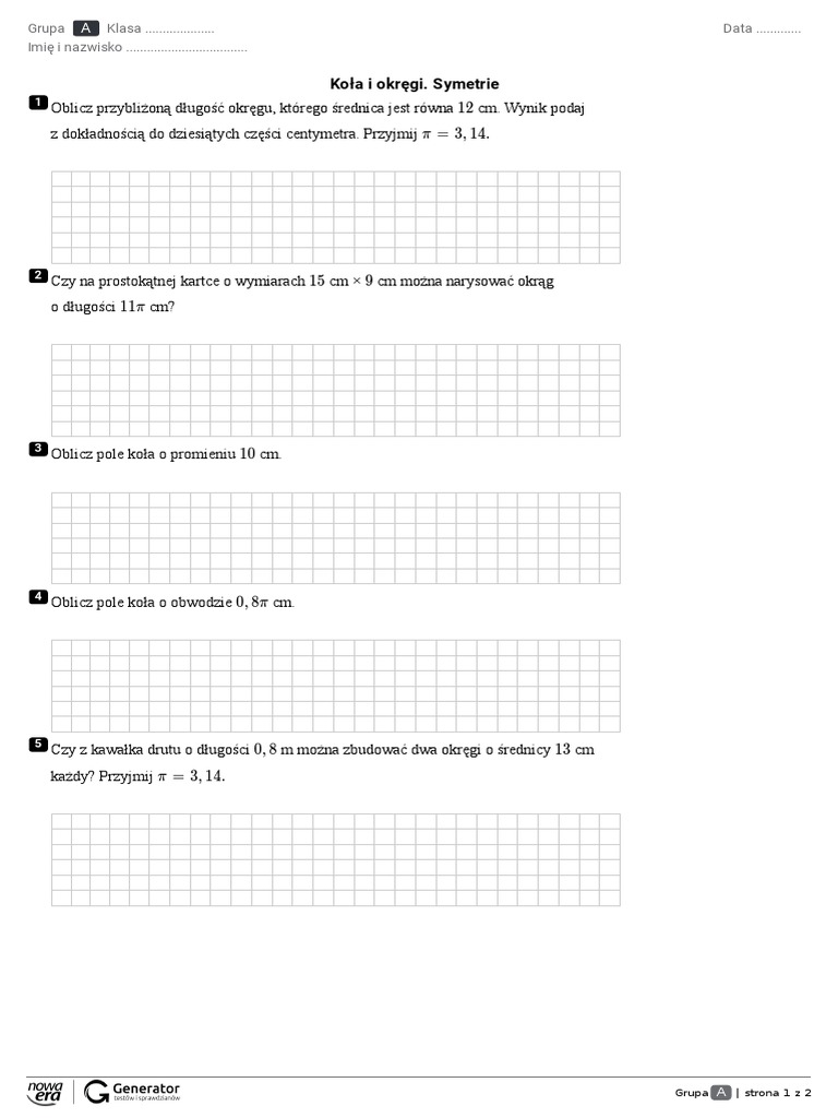 Klasa 8a Praca Klasowa - Kola I Okregi. Symetrie Material NR 14 | PDF
