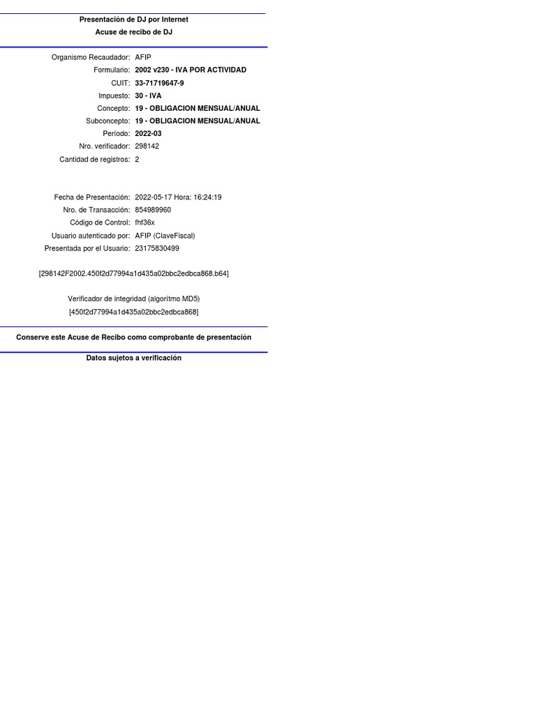 Acuse de Recibo DJ IVA 2022 AFIP | PDF | Negocios