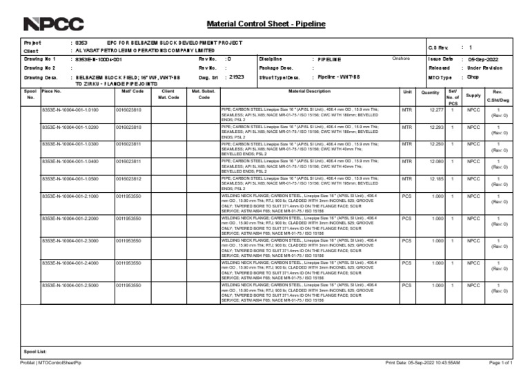 Pipeline Material Control Sheet | PDF | Pipe (Fluid Conveyance) | Materials