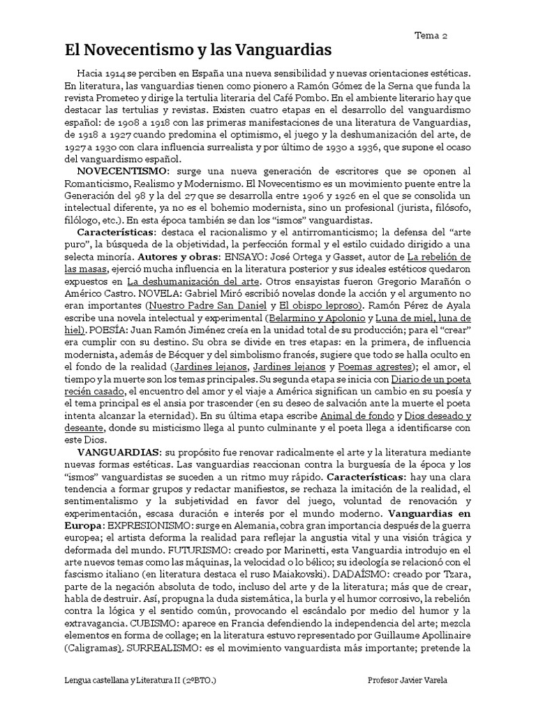 Tema 2. El Novecentismo y Las Vanguardias RESUMEN JVarela 2022-23 | PDF ...