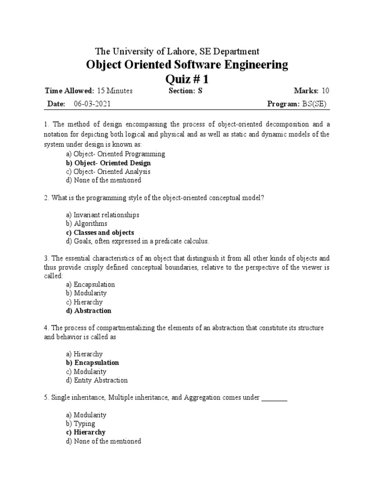 Quiz 1 Solution Sta Pdf Object Computer Science Object Oriented Programming 